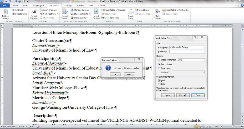Index Error No Index Entries Were Marked Microsoft Community