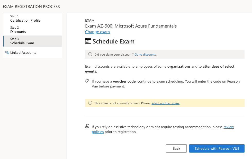 AZ-900 Pearson Vue Scheduling error: This exam is not currently ... AZ-900 Pearson Vue Scheduling error: This exam is not currently ...