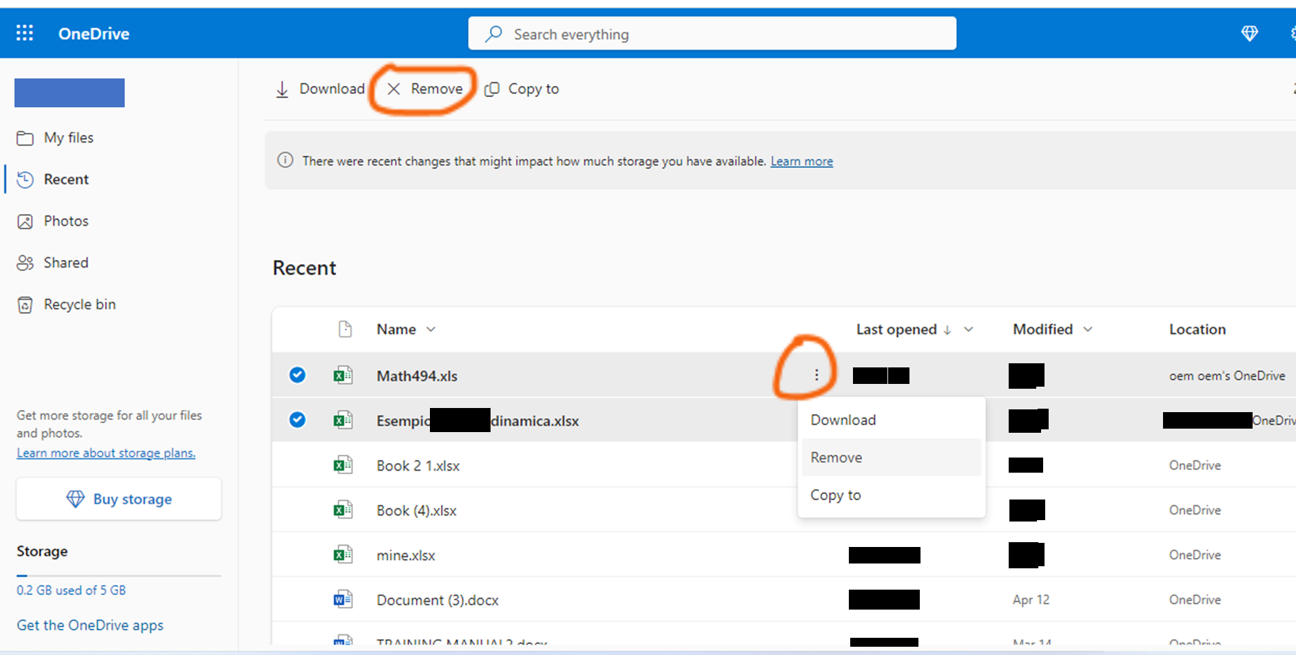 How do I delete a file from One Drive home page recent page or my Microsoft Community