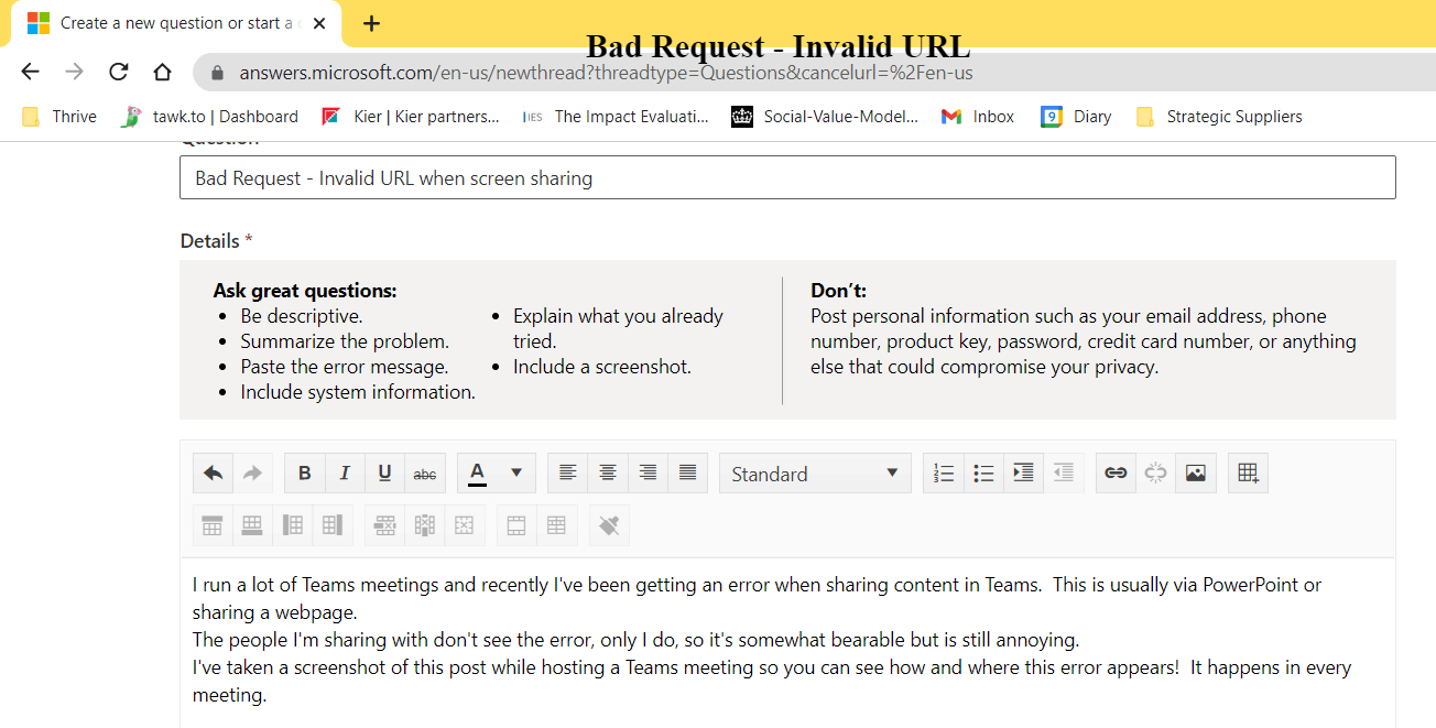 Bad Request - Invalid URL when screen sharing - Microsoft Community Bad Request - Invalid URL when screen sharing - Microsoft Community