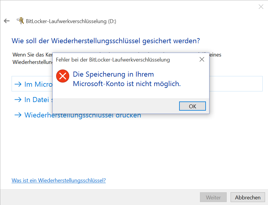 Bitlocker Fehler Speichern In Microsoft Account Nicht Möglich