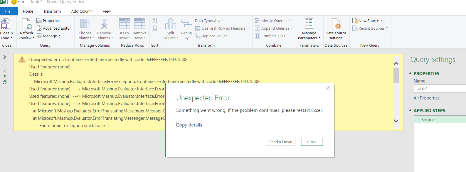 Unexpected Error Container Exited Unexpectedly With Code 0xffffffff Microsoft Community