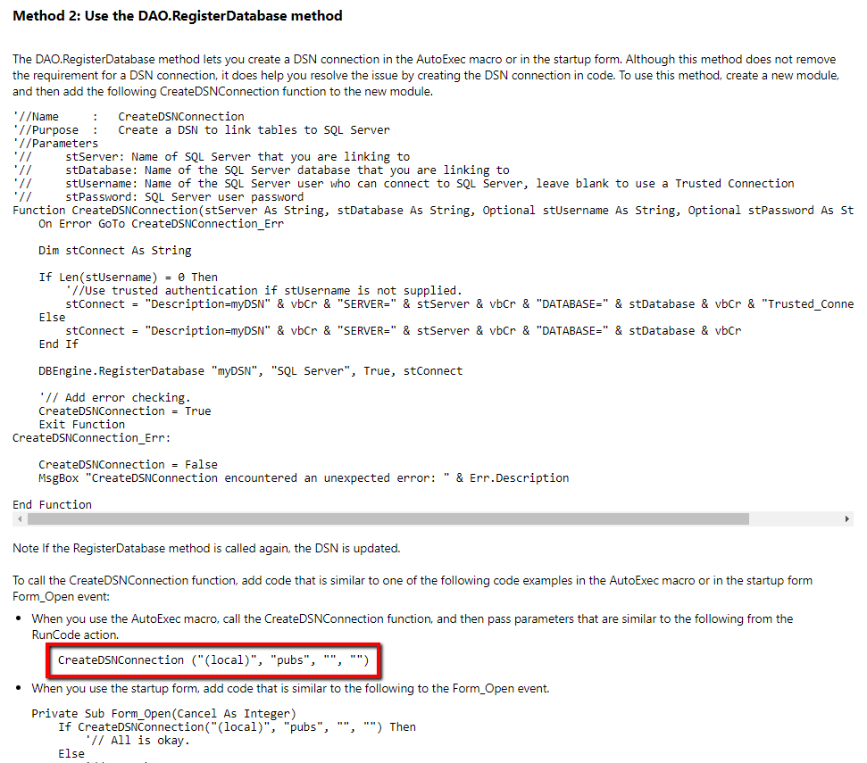 How To Do A Dsn Less Connection In Access What Is Local And Pubs Microsoft Community