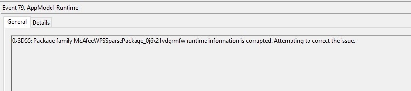 Event Id 0x3d55 Mcafee Wpss Sparse Package Appmodel Runtime Microsoft Community