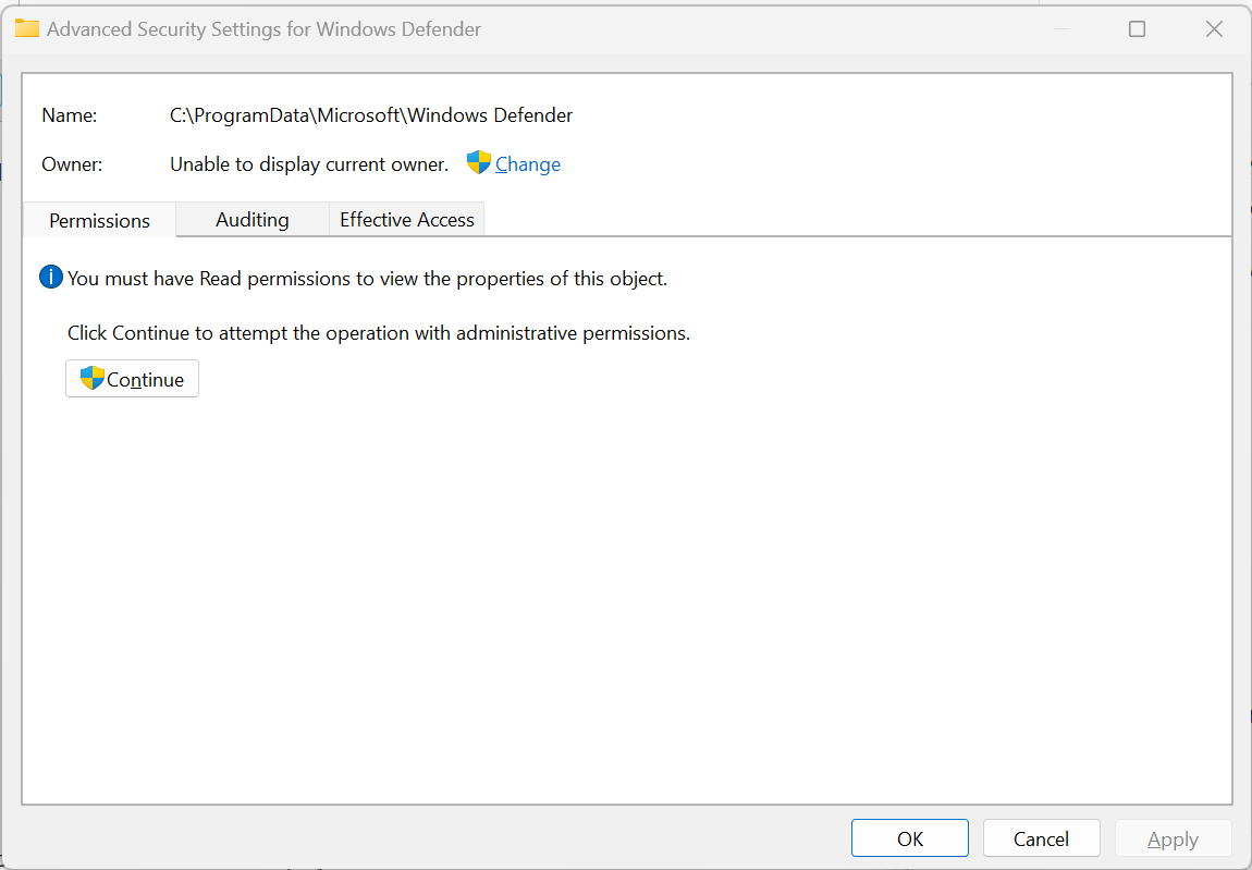 Open C Programdata Microsoft Windows Defender By Taking Ownership Microsoft Community
