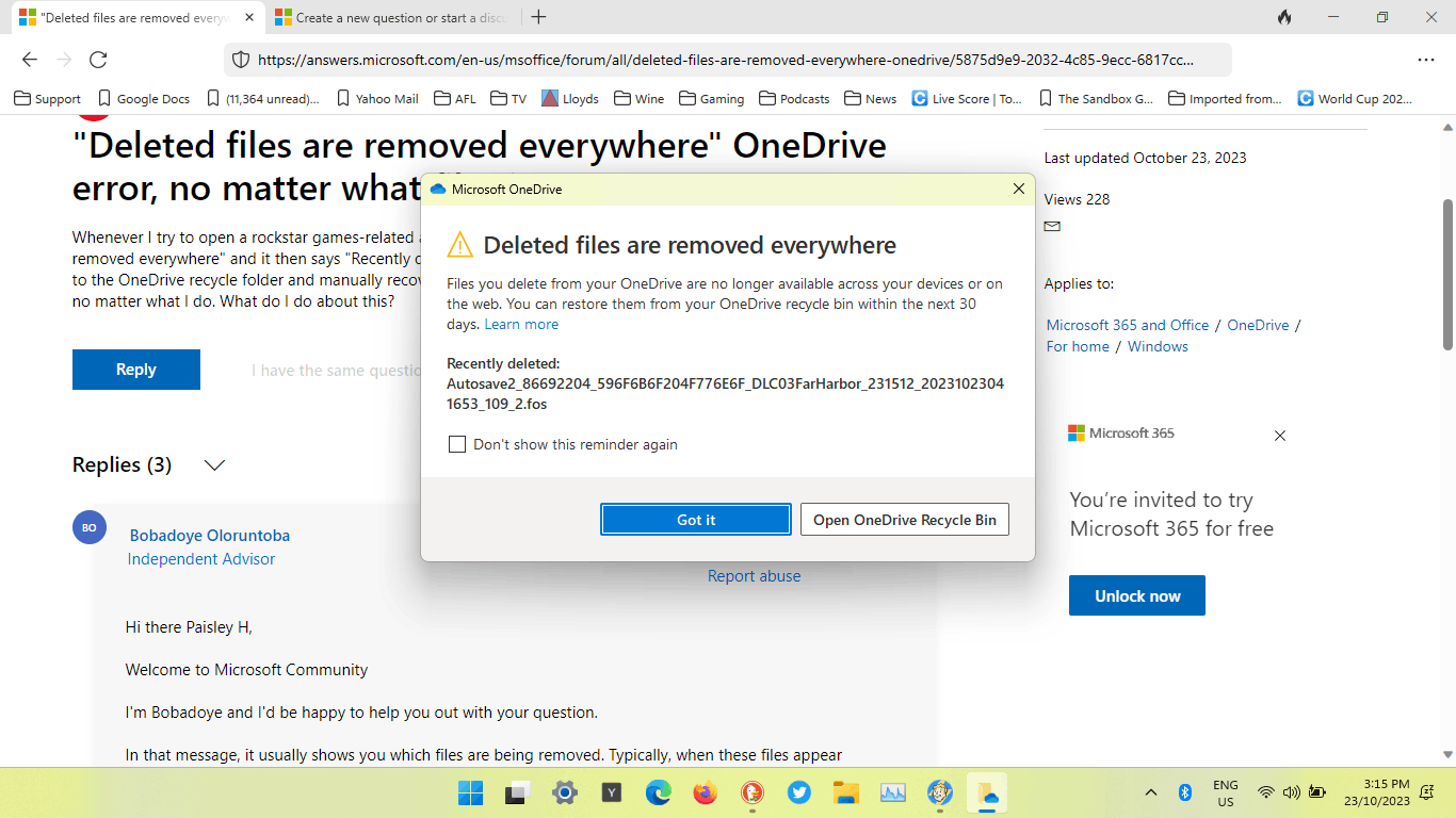Onedrive deleted files store
