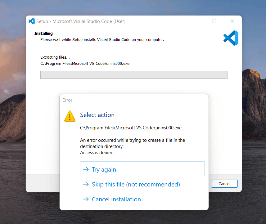An error occurred while trying to create a file in the destination ... An error occurred while trying to create a file in the destination ...