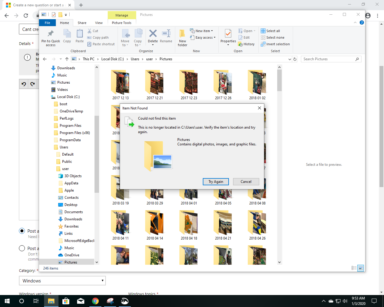 Cant create folder in c:\users\user\pictures (or documents) - Microsoft ... Cant create folder in c:\users\user\pictures (or documents) - Microsoft ...