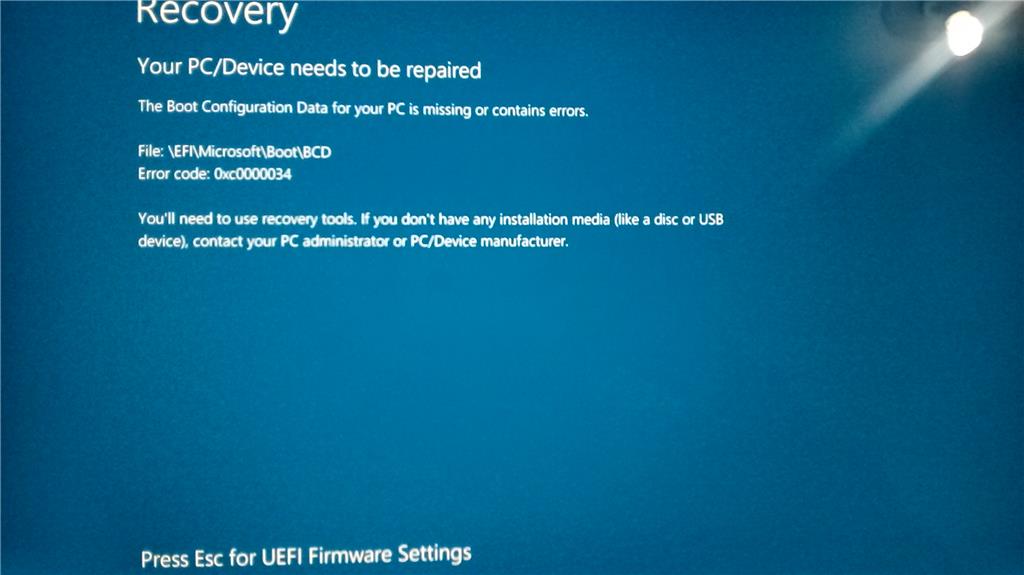 File Efi Microsoft Boot Bcd Error Code 0xc0000034 Microsoft Community