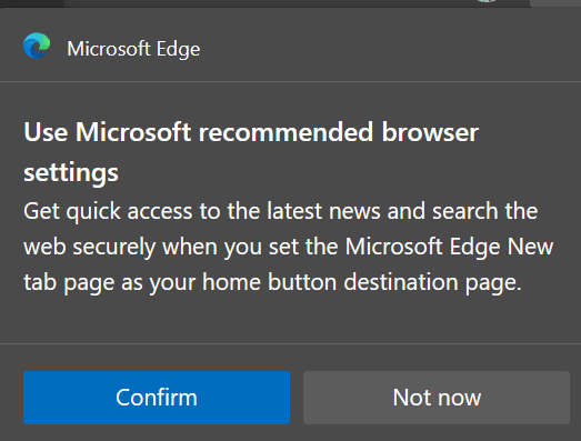 Prevent Microsoft Edge from asking to change back to 'Recommended ... Prevent Microsoft Edge from asking to change back to 'Recommended ...