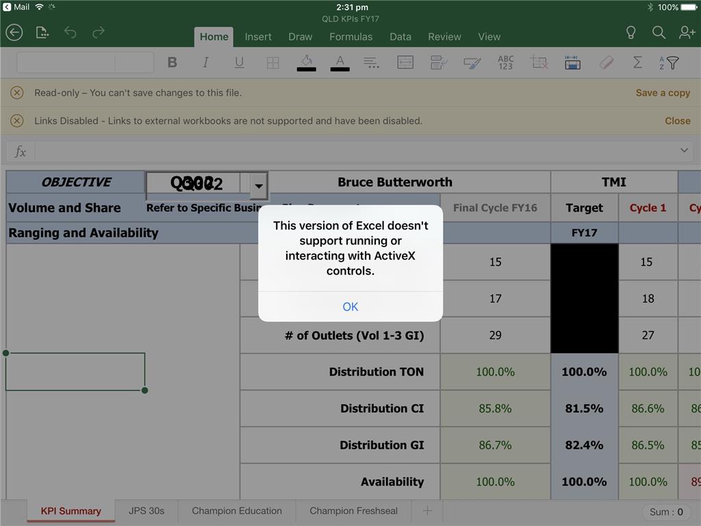 Activex Control Error On Excel 365 Ipad Version Microsoft Community