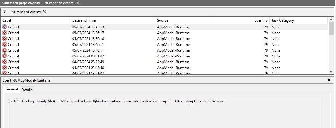 Event Id 0x3d55 Mcafee Wpss Sparse Package Appmodel Runtime Microsoft Community