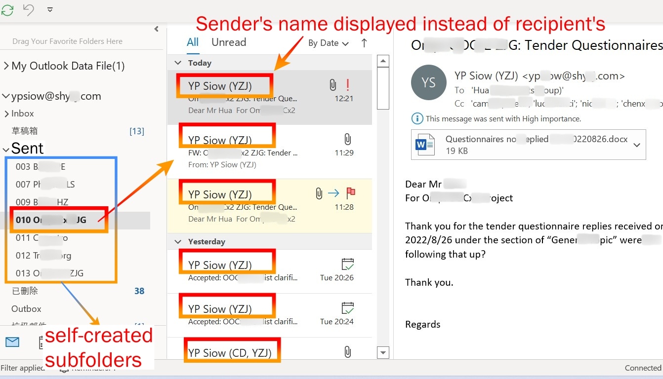 Emails List In Sub Folders Of Sent Folder Displays Sender S Name Microsoft Community