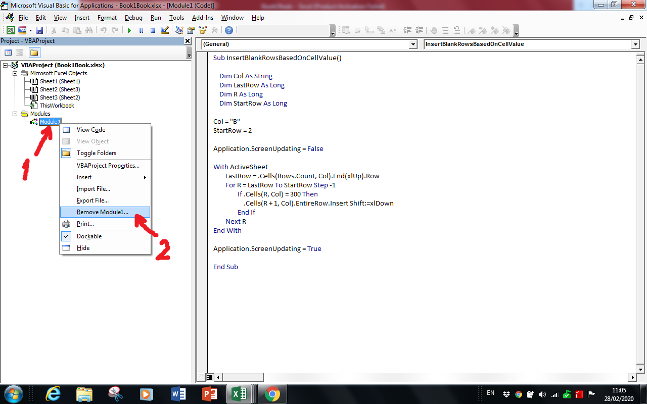 Vba Code To Insert Blank Rows Compile Error Outside Procedure Microsoft Community